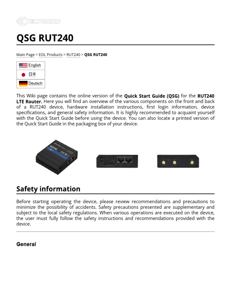RUT240 Quick Start Guide | PDF | Wireless | Computer Engineering