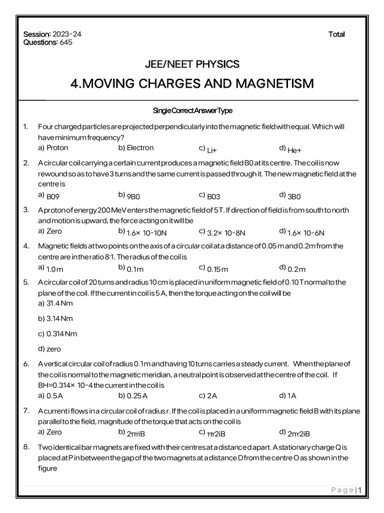 4 Moving Charges and Magnetism-1 | PDF | Magnetic Field | Physical ...