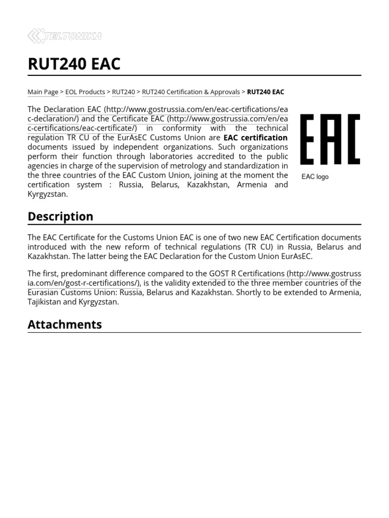 RUT240 EAC Certification Overview | PDF