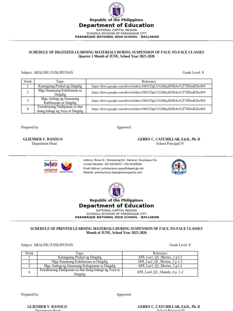 G8 FLORESE CACHAPERO Schedule of Learning Materials During Suspension of F2F CLasses ADM | PDF ...