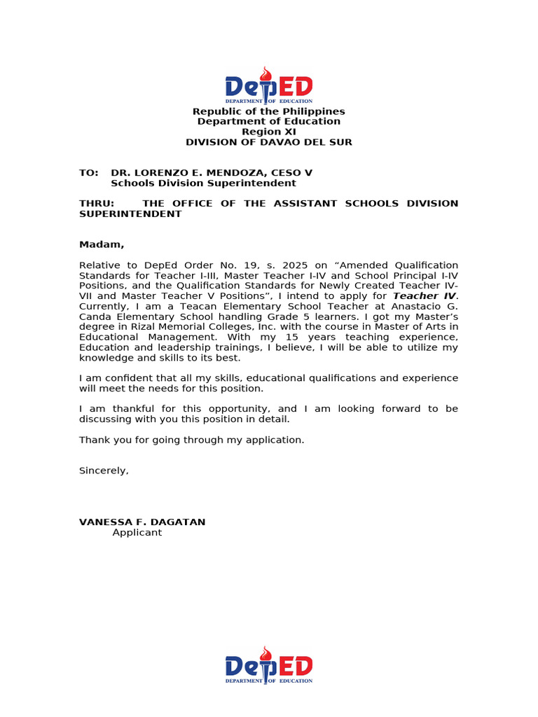Letter of Intent for Teacher IV Position | PDF | Teachers | Learning