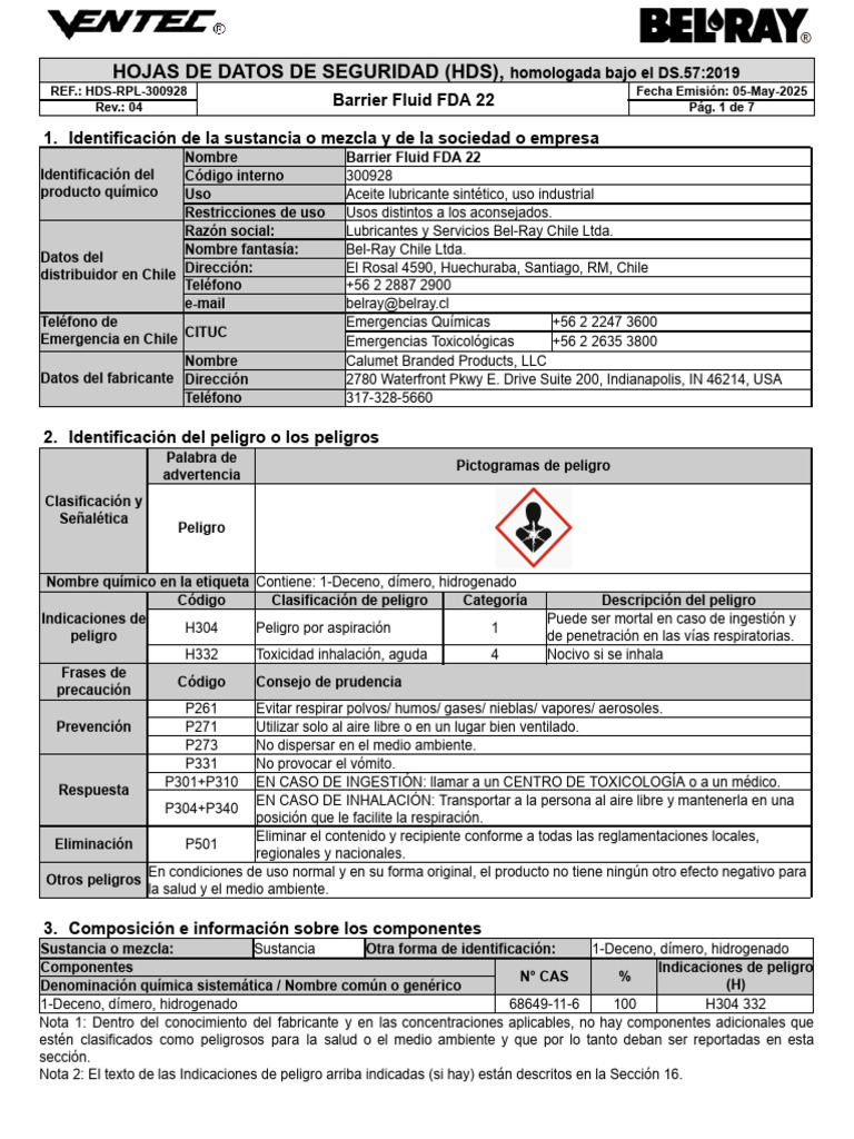 205.barrier Fluid FDA 22 SDS | PDF | Residuos | Reciclaje