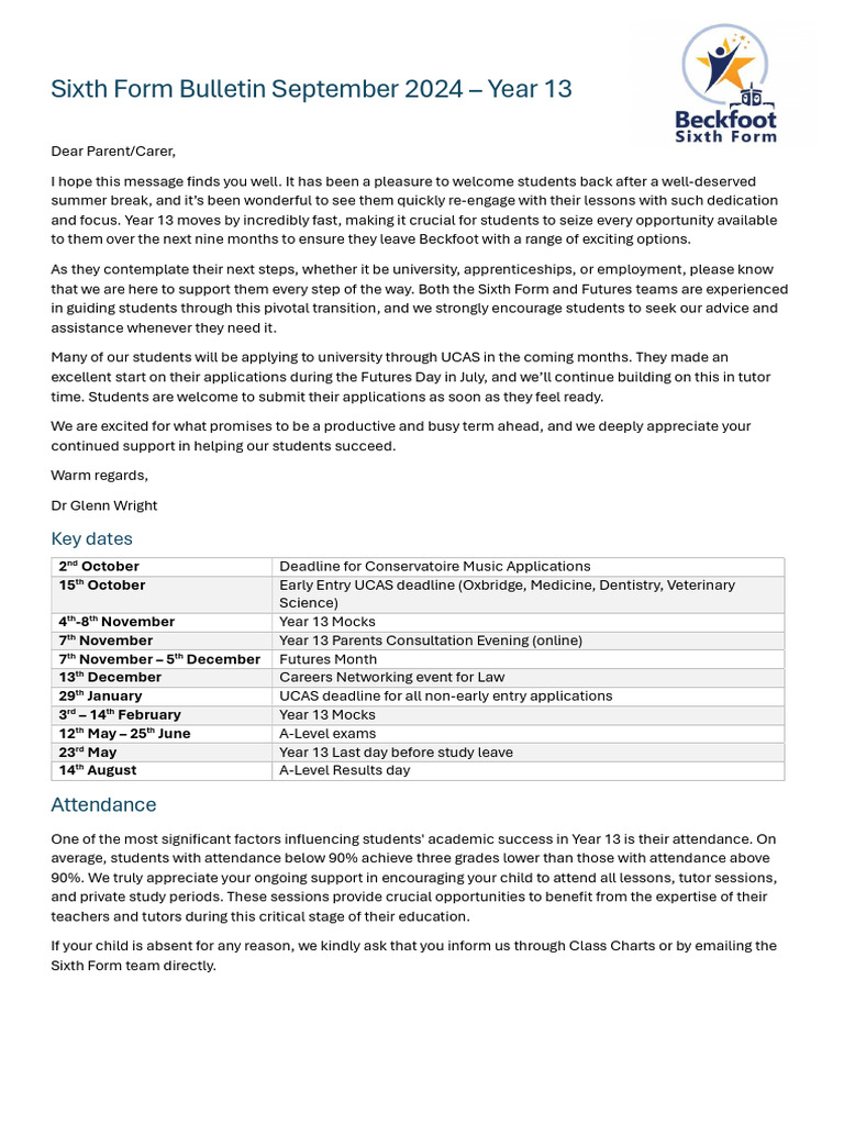 Year 13 September 2024 Bulletin | PDF