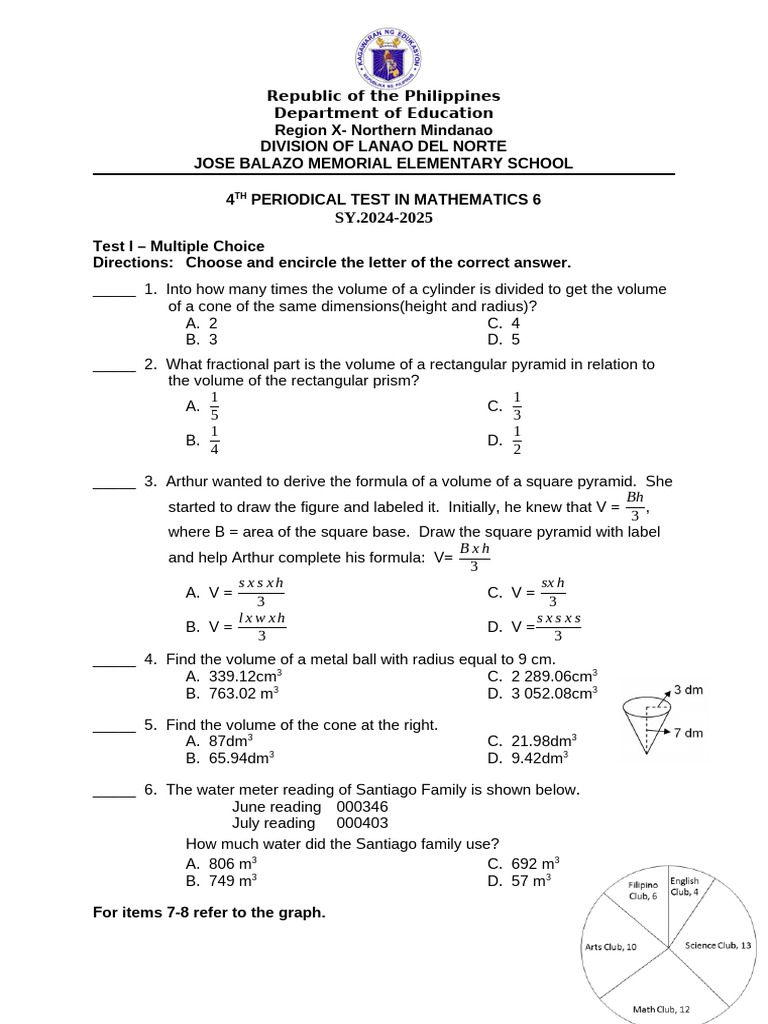 4th Periodical Math Test for Grade 6 | PDF | Volume | Probability