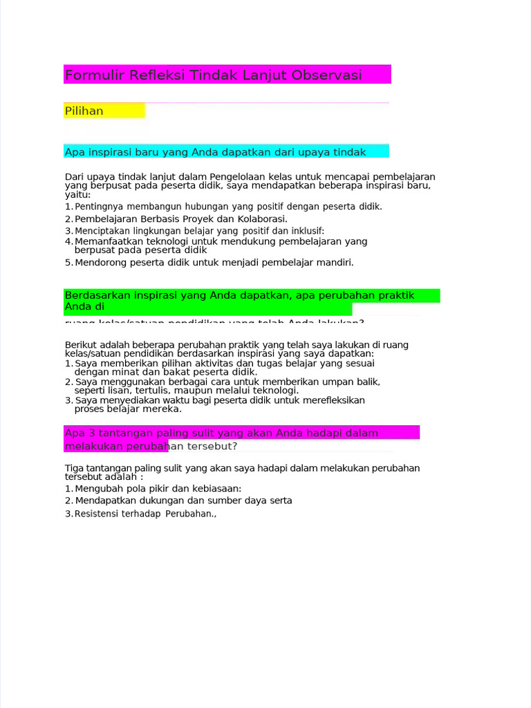PDF Formulir Refleksi Tindak Lanjut Observasi Kelas Compress | PDF