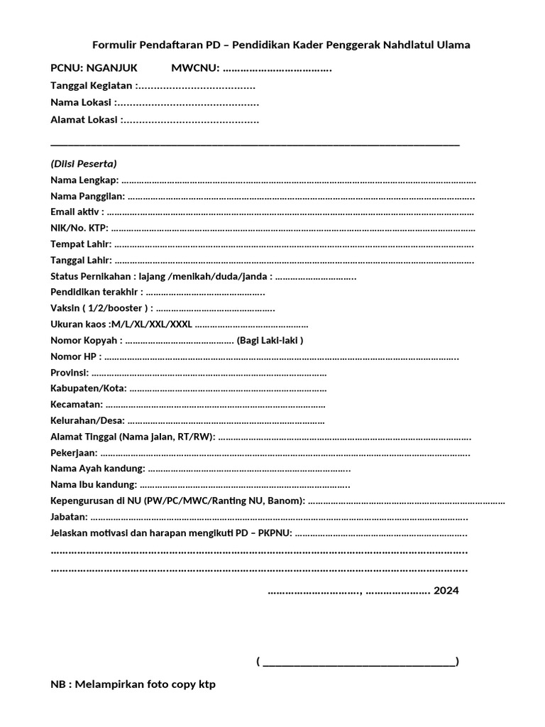 Formulir Pendaftaran PD-PKPNU | PDF