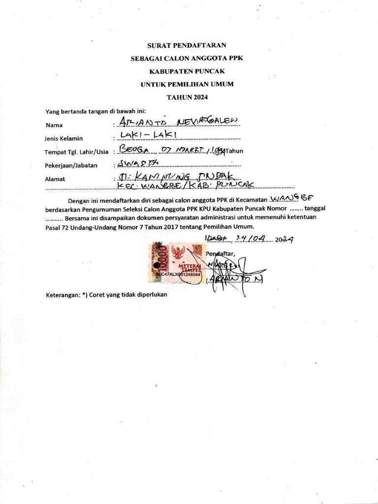 Contoh Surat Pendaftaran PK | PDF