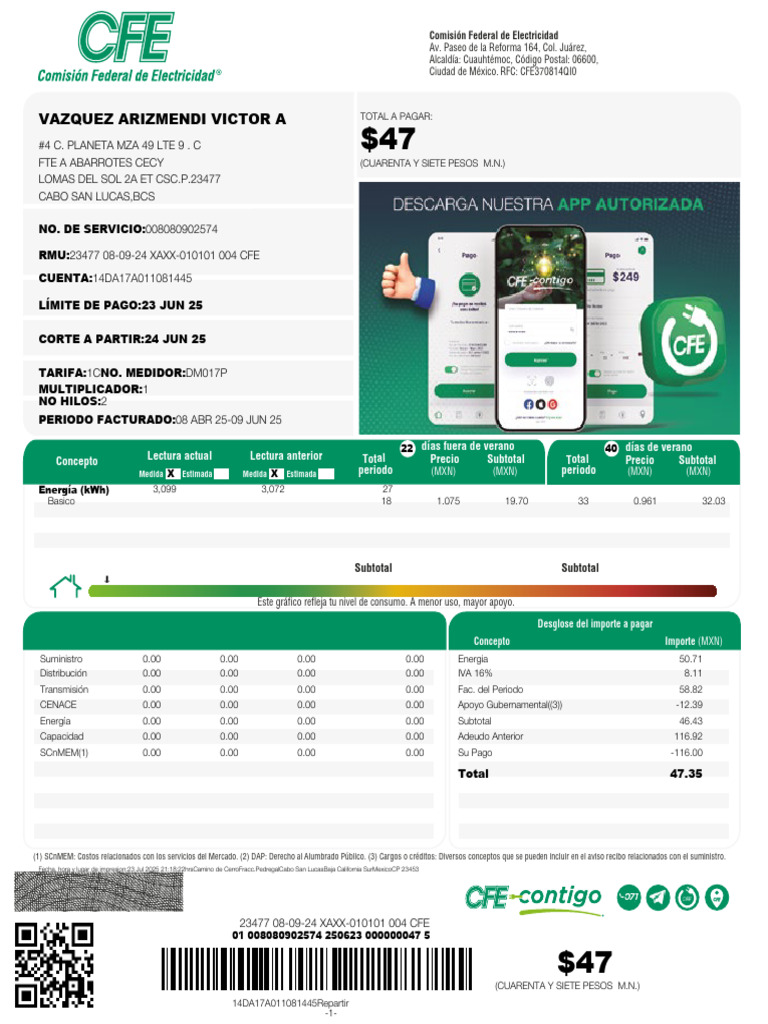 Recibo de CFE: Detalles y Consumo | PDF | Cantidades fisicas | Poder ...