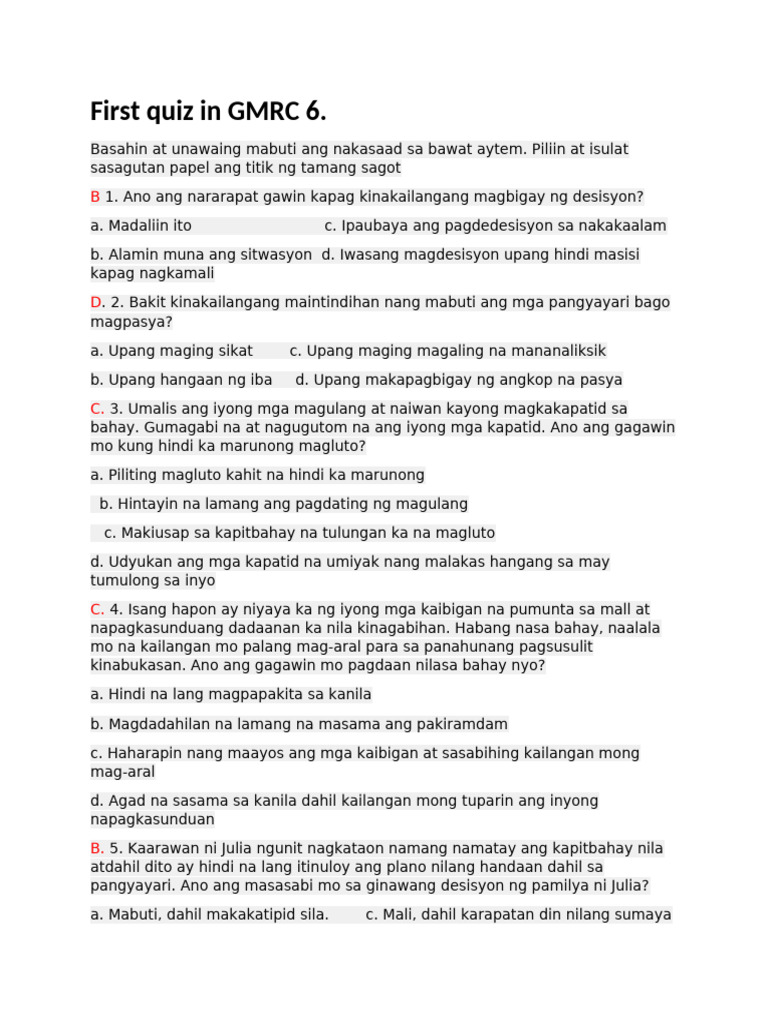 First Quiz in GMRC 6 | PDF