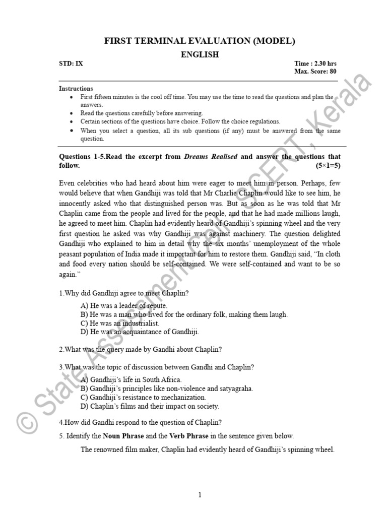 STD 9 First Term Exam Latest Model Paper by SCERT - English | PDF
