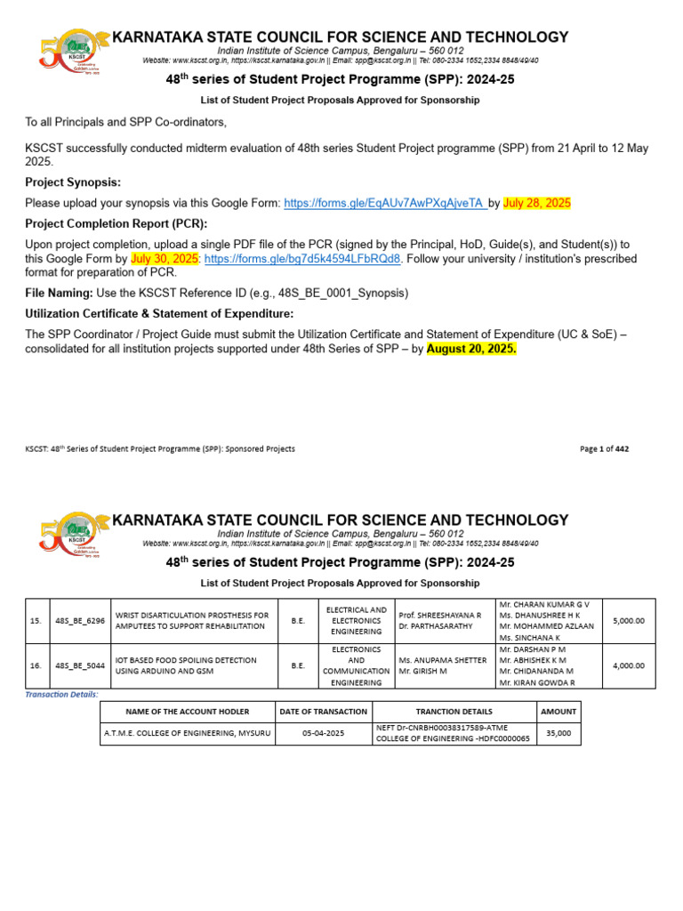 KSCST 48th Series Approved Projects | PDF