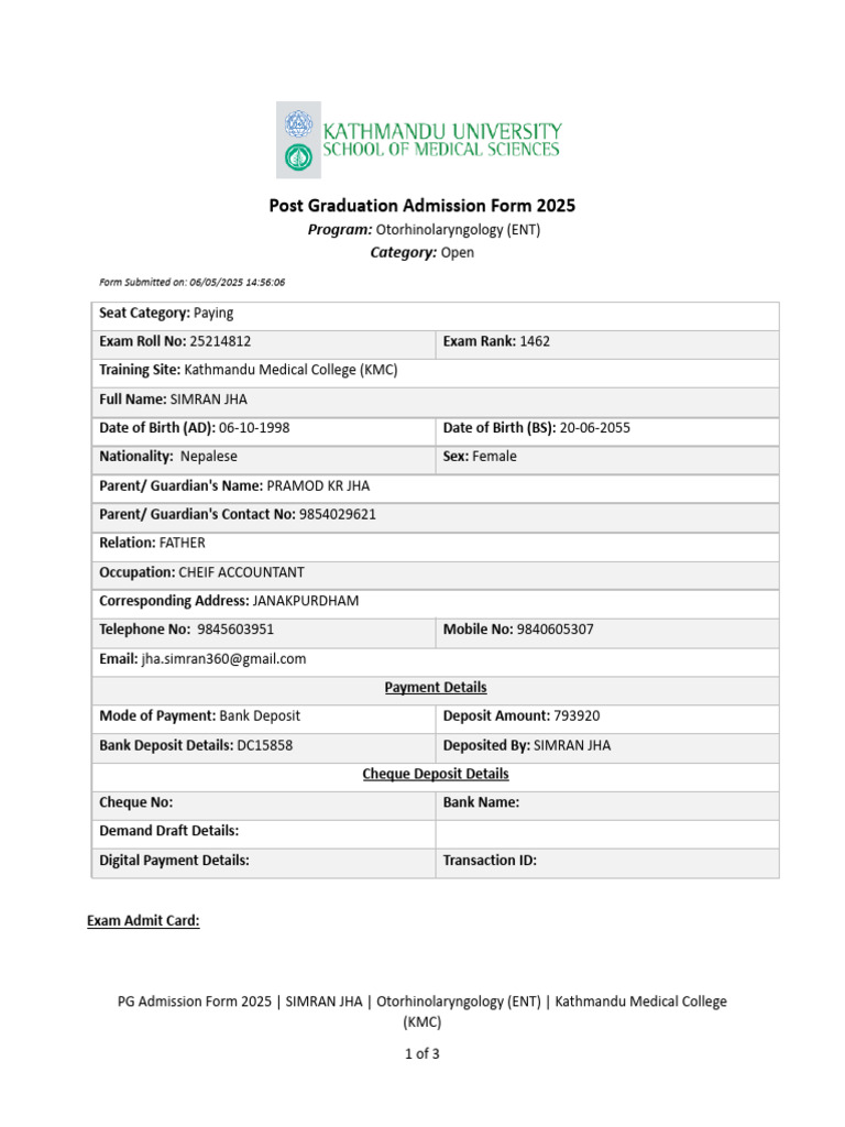 PG2025 SIMRAN JHA Otorhinolaryngology (ENT) | PDF