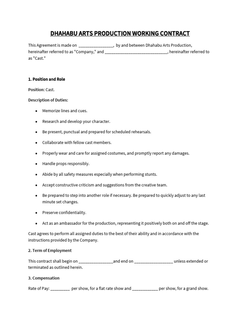Cast Contract for Dhahabu Arts Production | PDF | Indemnity | Business Law