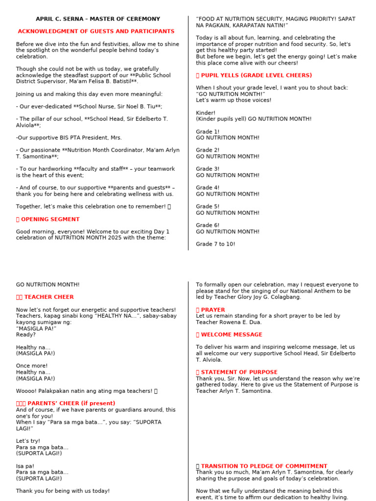 EMCEE Script_Nutrition Month | PDF