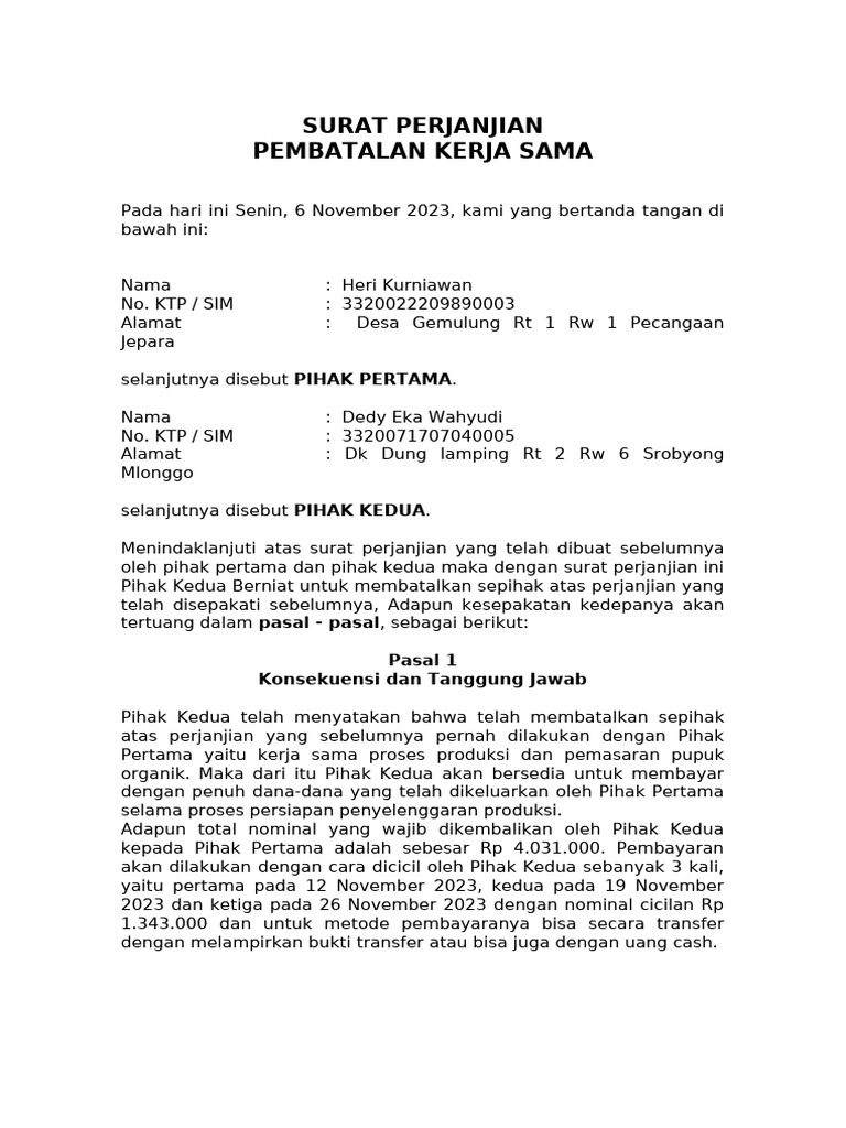 Surat Perjanjian Pembatalan | PDF