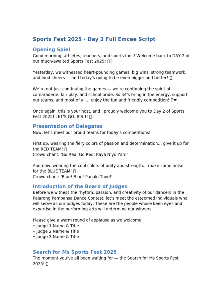 Sports Fest 2025 Full Emcee Script | PDF