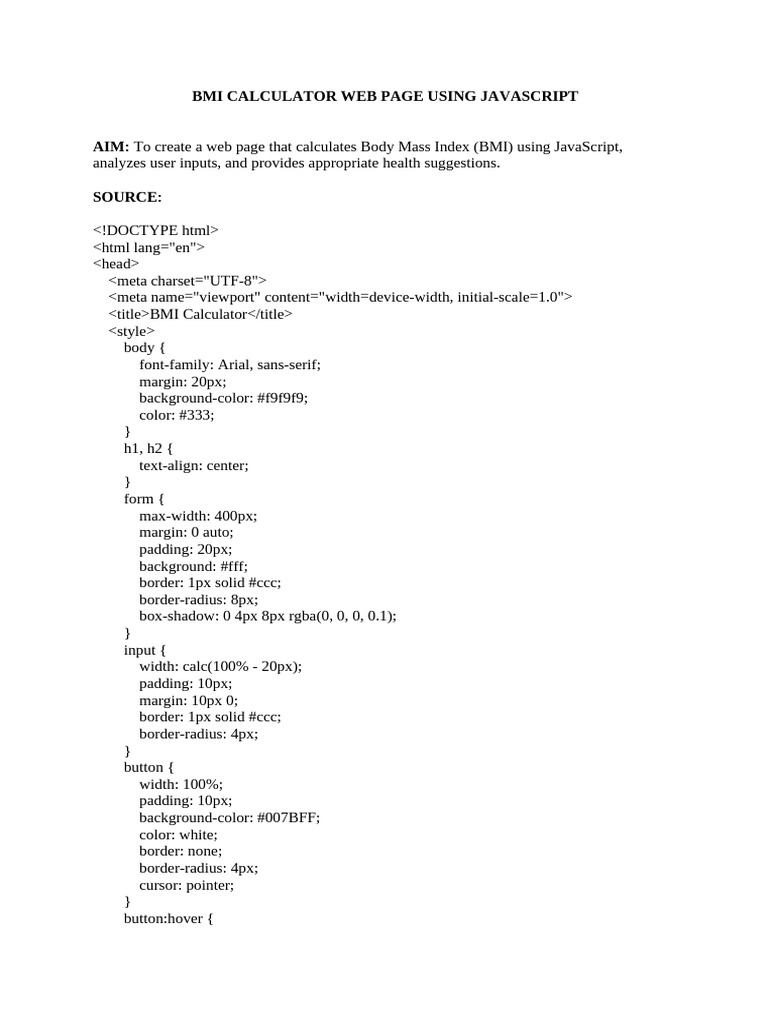 1.bmi Calculator Web Page Using Javascript | PDF | Body Mass Index | Human Body Weight