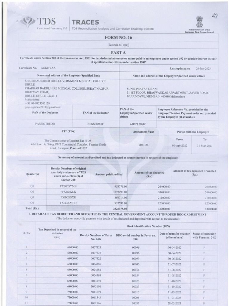 Form 16 Dr. Sunil Lilani A.Y. 2023-24 Scanned | PDF | Tax Deduction ...