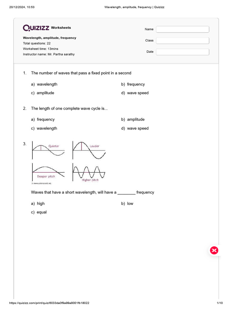 Wavelength, Amplitude, Frequency - Quizizz | PDF | Wavelength | Waves