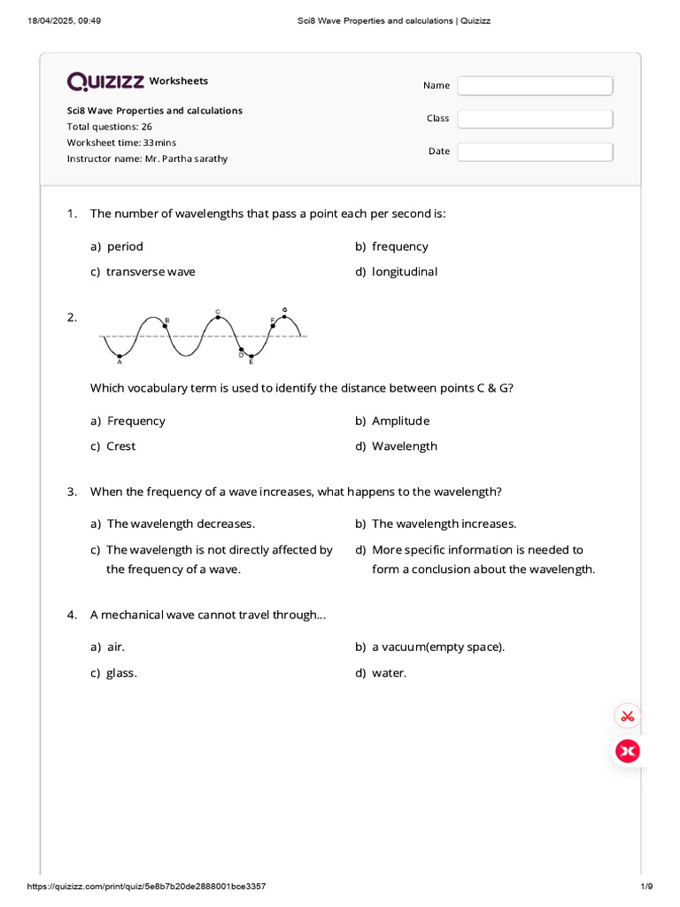 Wave Properties and Calculations Quiz | PDF | Waves | Frequency