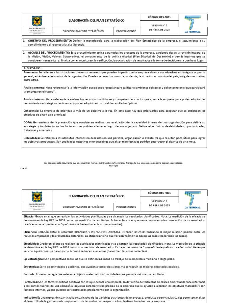 DES-PR01 Elaboracion Plan Estrategico v2 | PDF | Planificación estratégica | Planificación