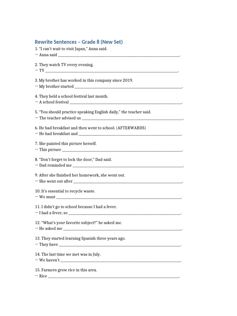 Grade 8 Sentence Rewrite Exercises | PDF