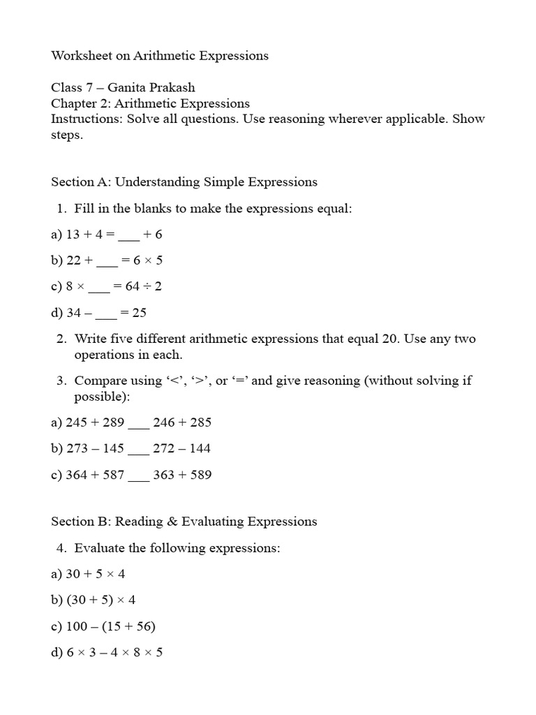 Class 7 Arithmetic Expressions Worksheet | PDF