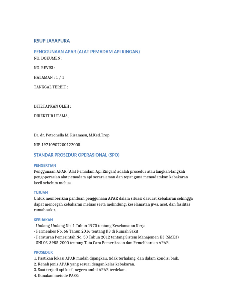 Spo Penggunaan Apar - Rsup Jayapura | PDF