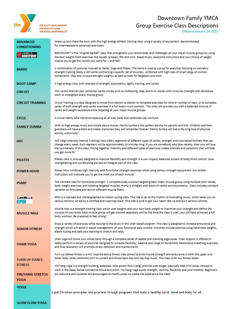 Downtown YMCA Group Exercise Classes | PDF | Strength Training ...