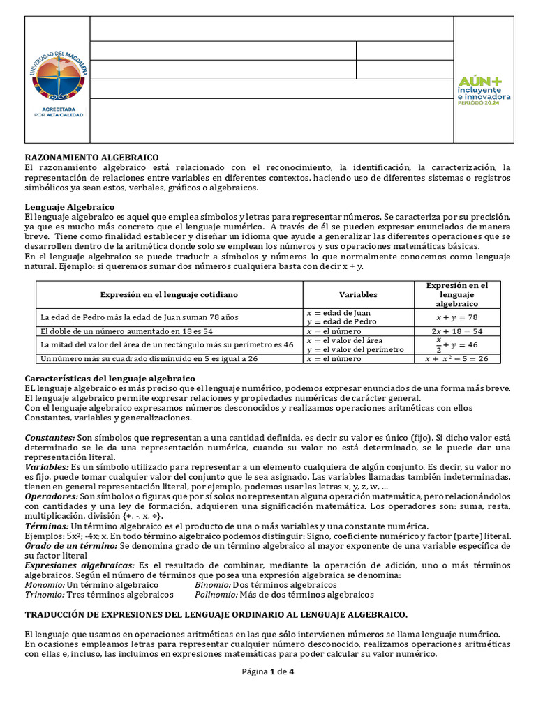 Guía de Razonamiento Algebraico | PDF | Ecuaciones | Multiplicación