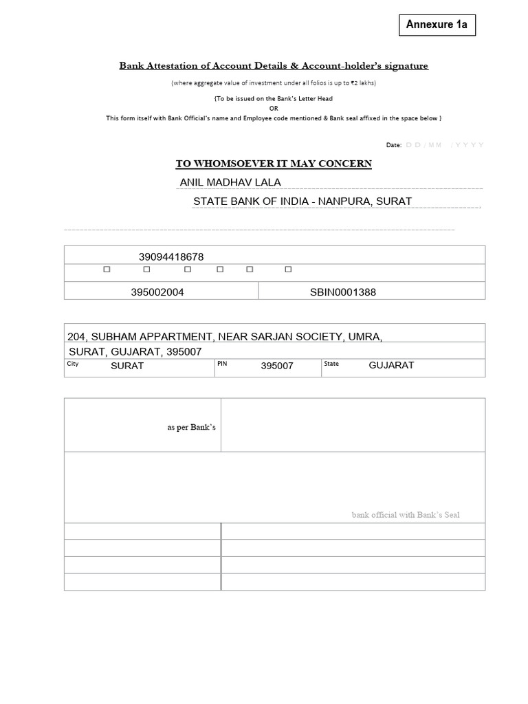 Bank Attestation Form for Account Holder | PDF | Banking | Applications ...
