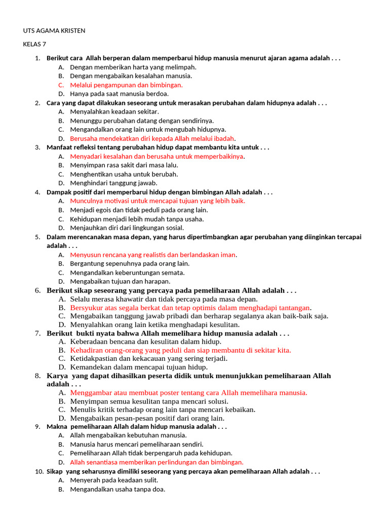 Uts Agama Kristen Kelas 7 Semester Ganjil | PDF