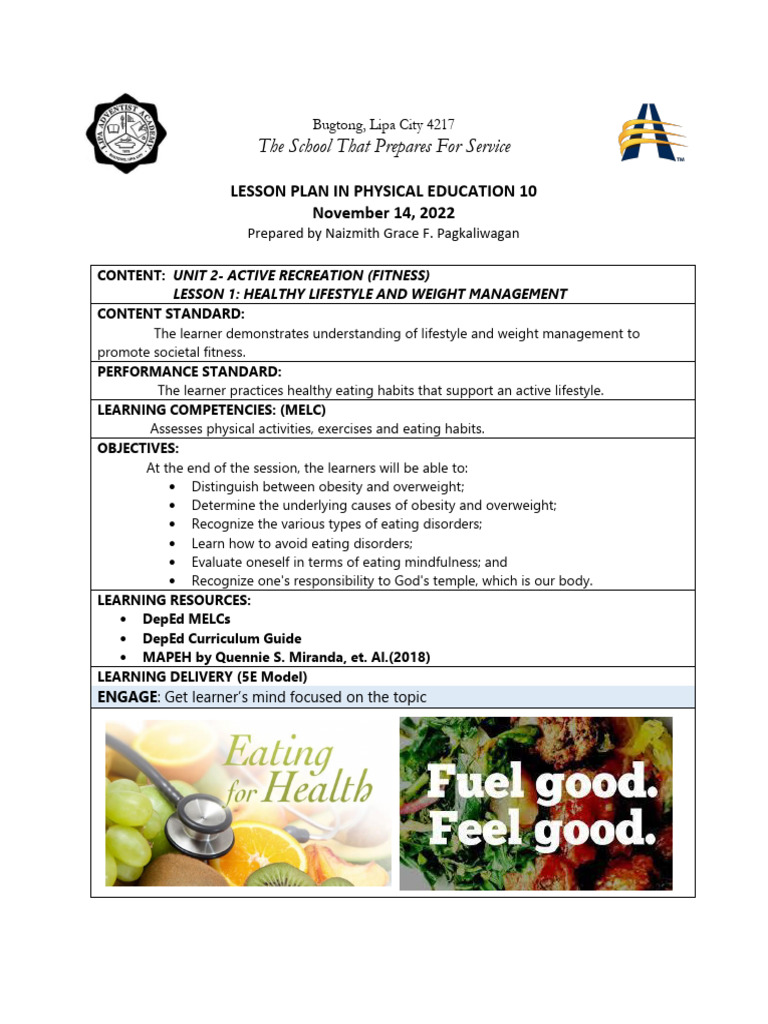 UNIT 2 Lesson Plan in P.E 10 Lesson 1 | PDF | Eating Disorder | Obesity