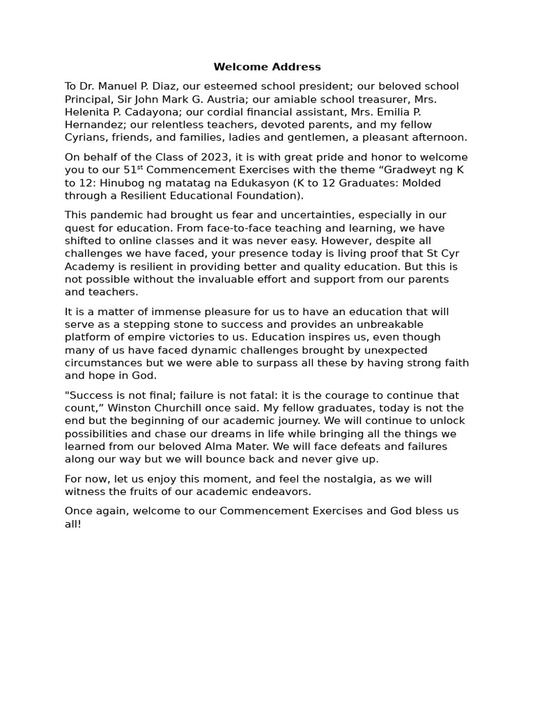 Welcome Address for Commencement 2023 | PDF
