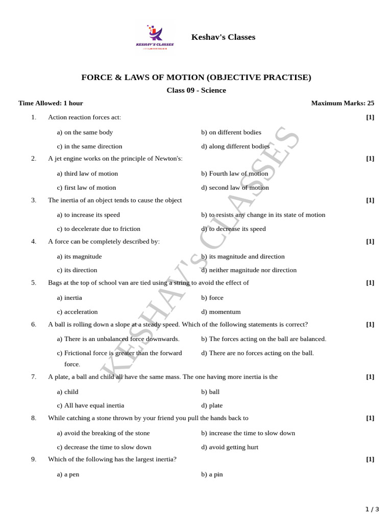 Force & Laws of Motion Objective Practise-1 | PDF | Force | Newton's ...