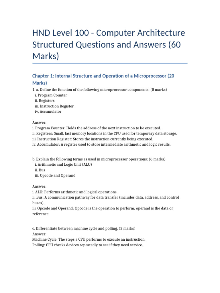 HND Level100 Computer Architecture Full Structured QA | PDF | Computer Memory | Central ...