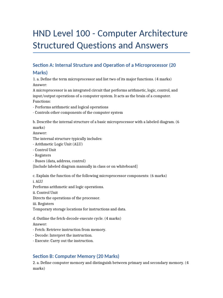 HND Level100 Computer Architecture Questions Answers | PDF | Computer Data Storage | Central ...