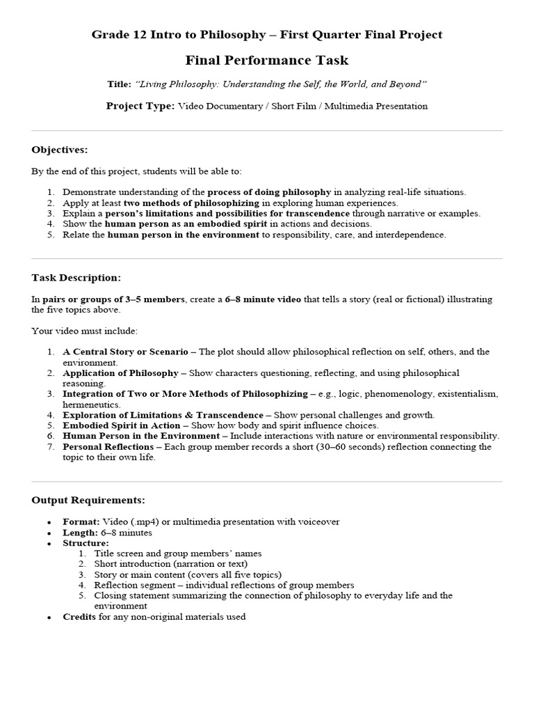 Grade 12 Philosophy Video Project Guide | PDF | Self | Multimedia