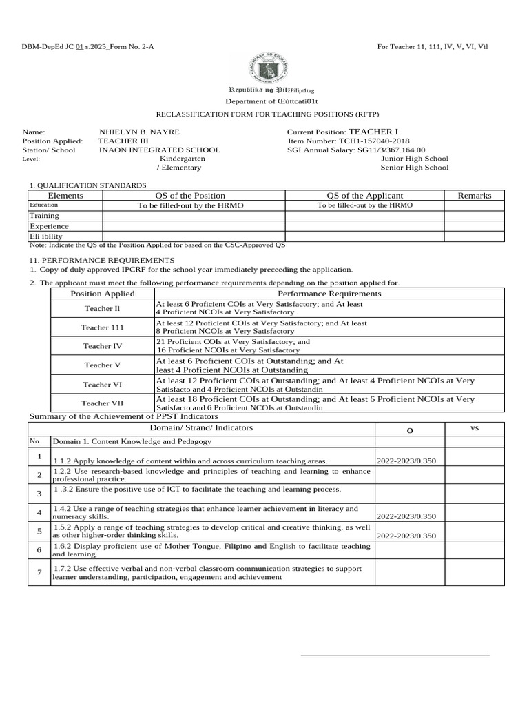Reclassification Form Teacher I | PDF | Learning | Educational Assessment