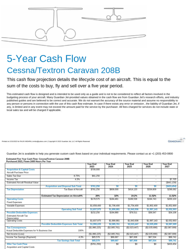 5 Year Cash Flow Plan Cessna 208 | PDF | Depreciation | Tax Deduction