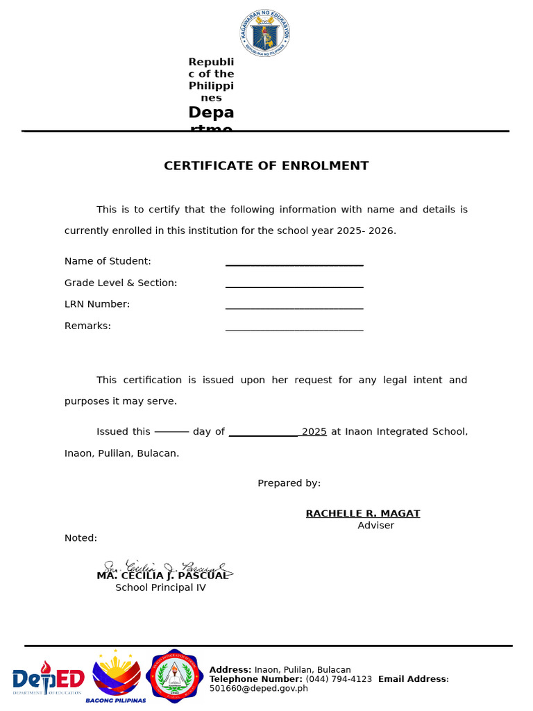 Certificate of Enrolment 2025 4Ps | PDF