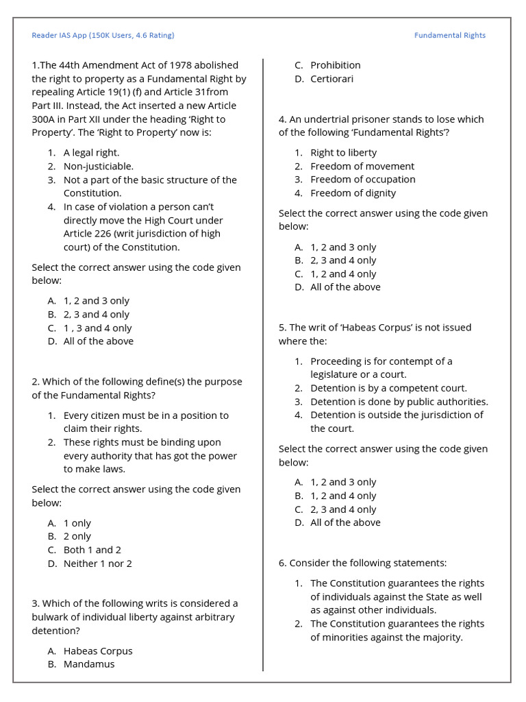 Fundamental Rights (Sample Test) | PDF | Habeas Corpus | Justice
