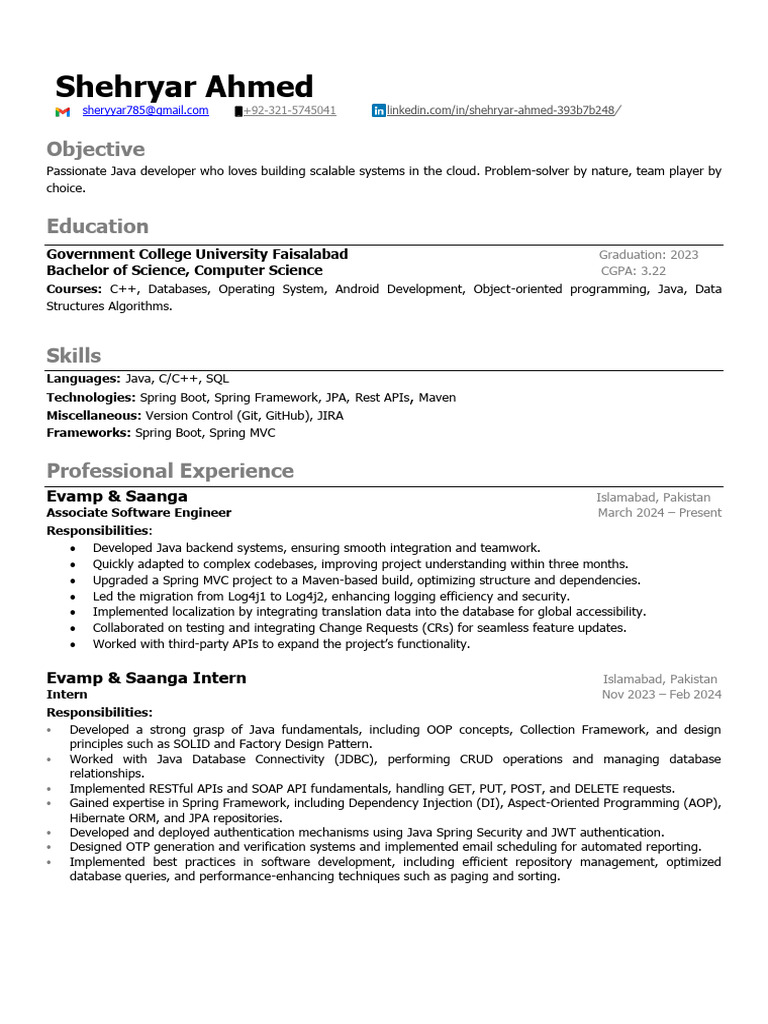 Shehryar Ahmed Software Engineer CV | PDF | Spring Framework | Databases
