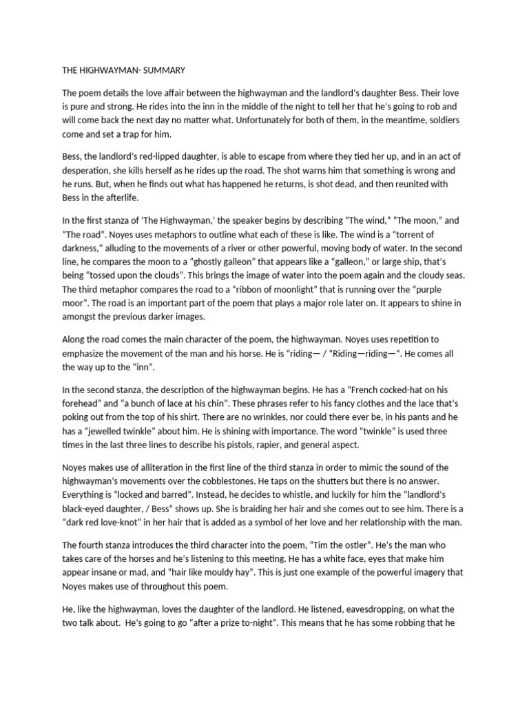 The Highwayman Poem Summary | PDF