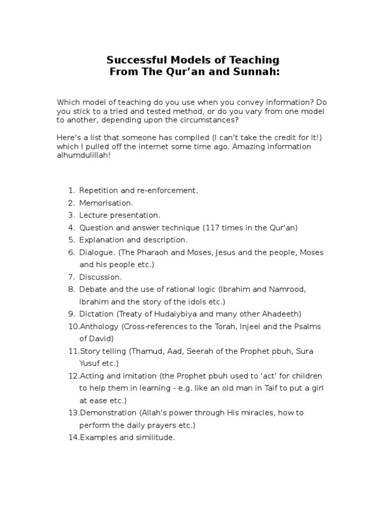 Islamic Models of Teaching | PDF | Quran | Islam