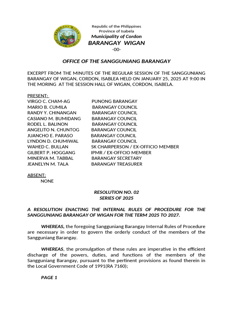 Internal Rules of Barangay Wigan 2025 | PDF | Quorum | Poverty