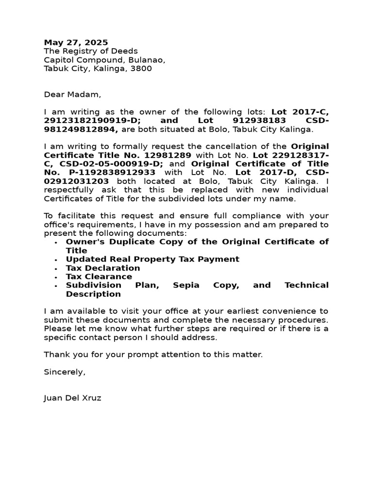 Request for Land Title Cancellation | PDF