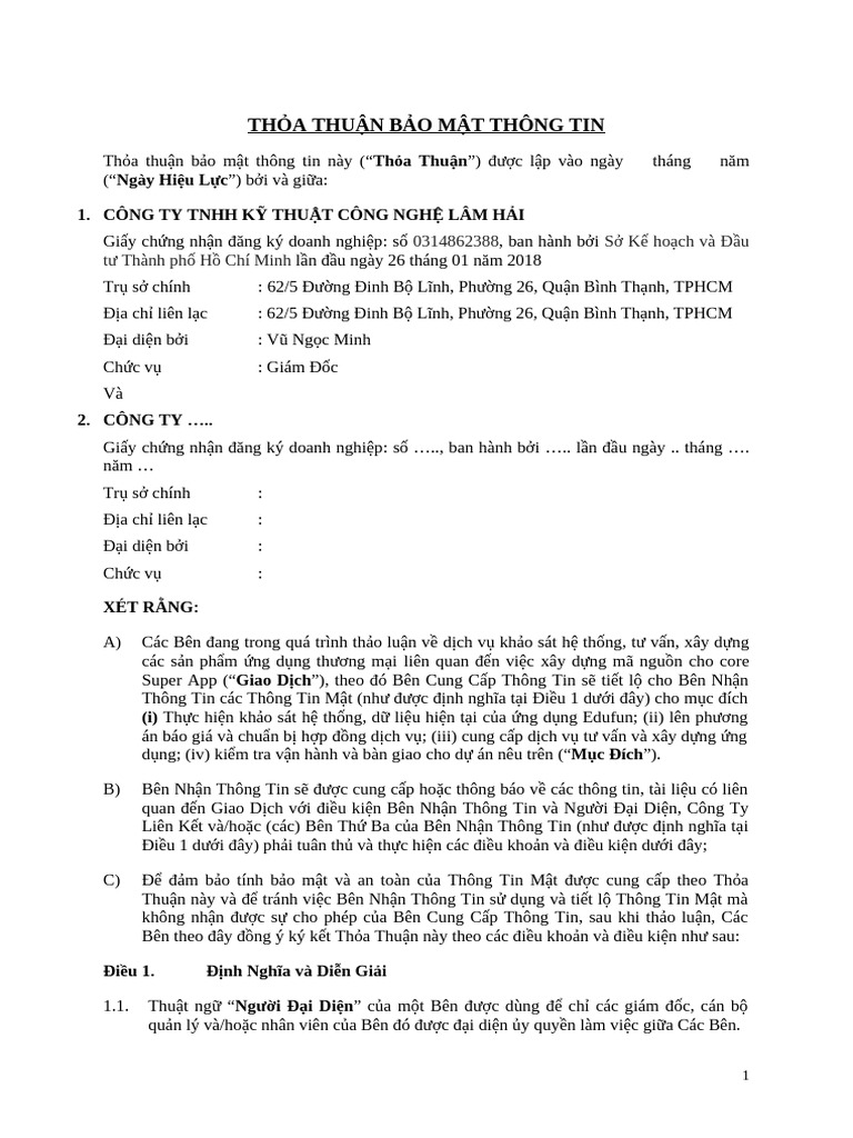 Mau Thoa Thuan Bao Mat Thong Tin | PDF