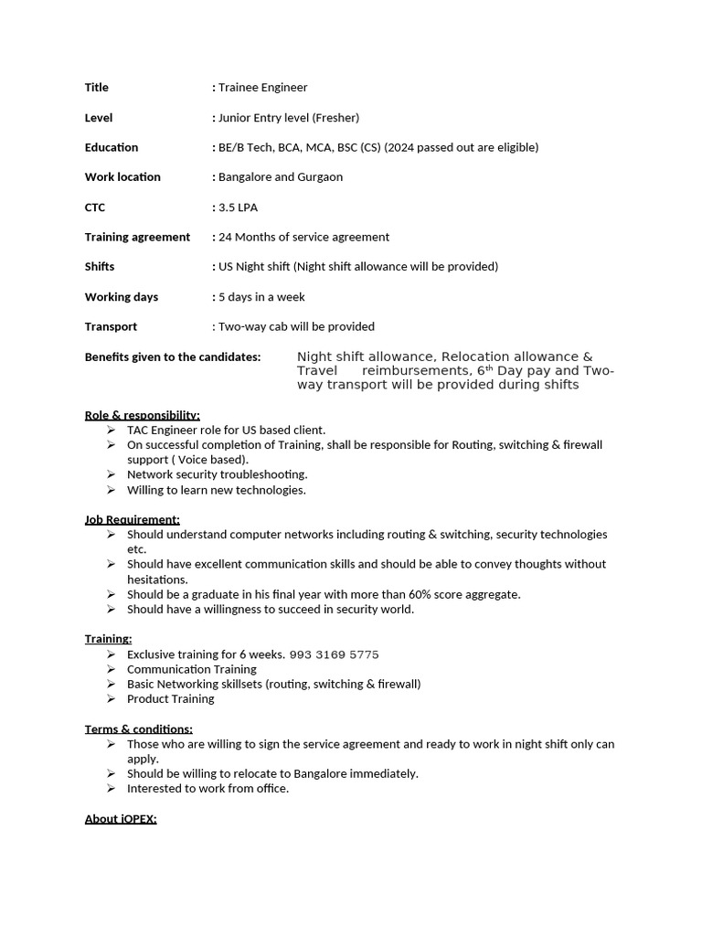 Junior Trainee Engineer Role in Bangalore | PDF