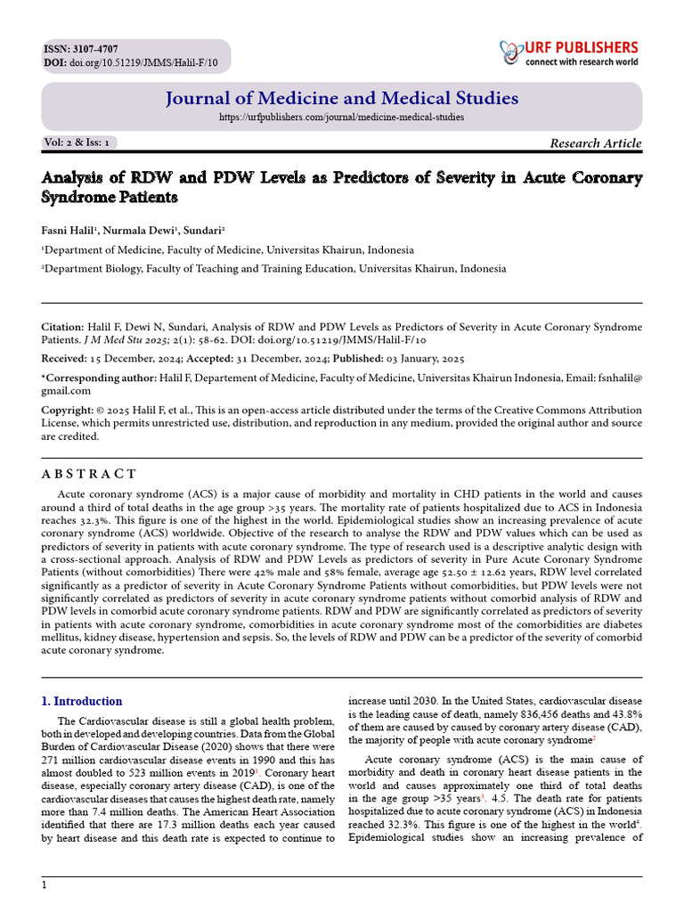 RDW and PDW as ACS Severity Predictors | PDF | Comorbidity | Coronary ...